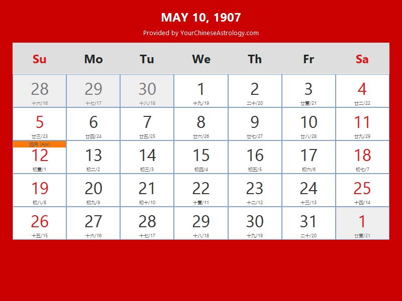 Chinese Calendar May 10, 1907: Auspicious Things to Do and Hours, Bazi