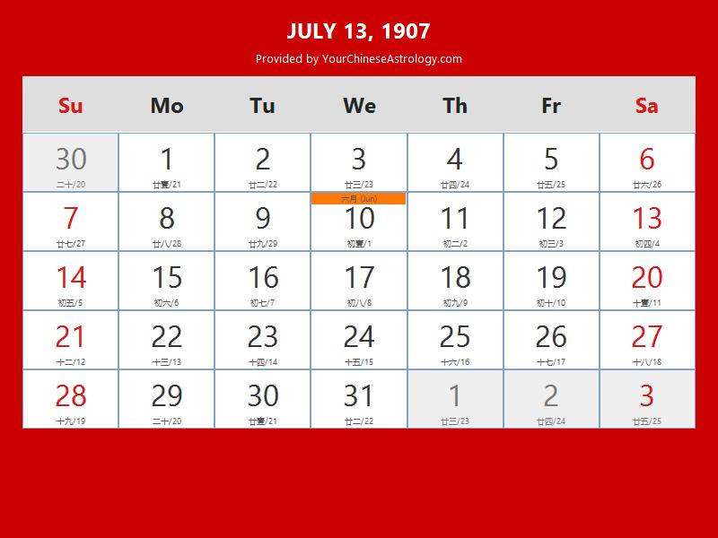 Chinese Calendar Jul 13, 1907: Auspicious Things to Do and Hours, Bazi