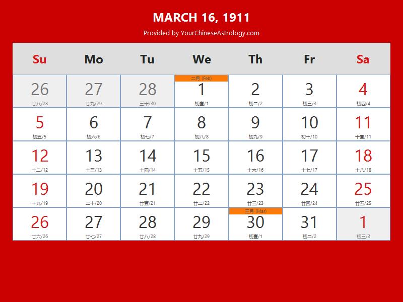 Chinese Calendar Mar 16, 1911: Auspicious Things to Do and Hours, Bazi