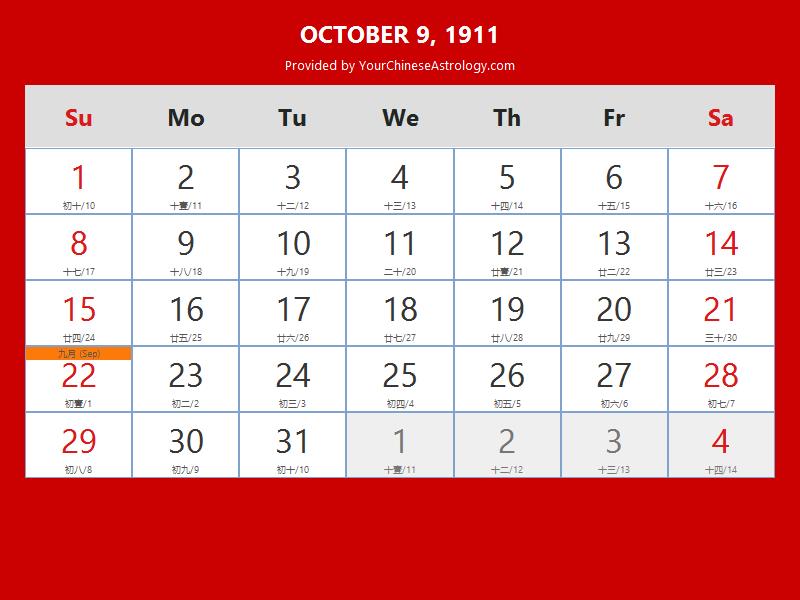 Chinese Calendar Oct 09, 1911: Auspicious Things to Do and Hours, Bazi