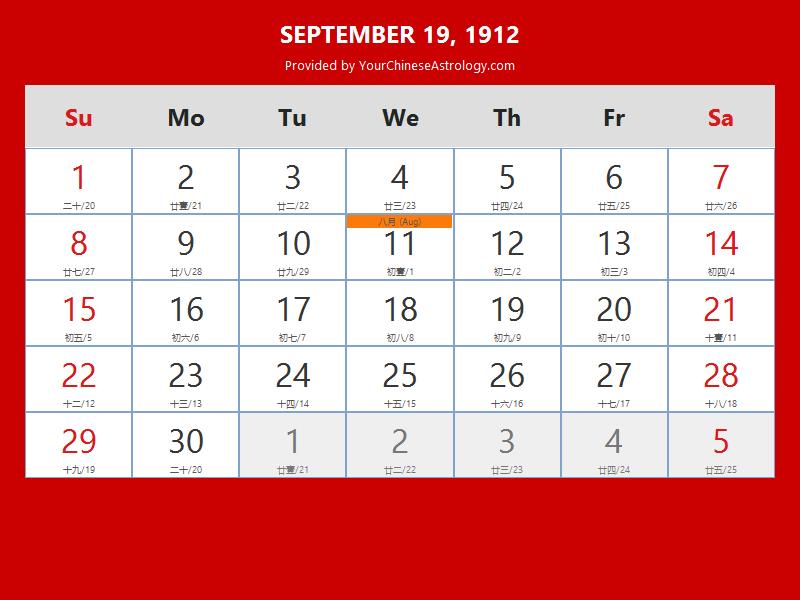Chinese Calendar Sep 19, 1912: Auspicious Things to Do and Hours, Bazi