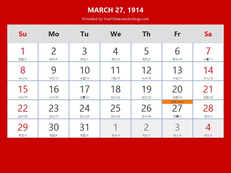 Chinese Calendar Mar 27, 1914: Auspicious Things to Do and Hours, Bazi