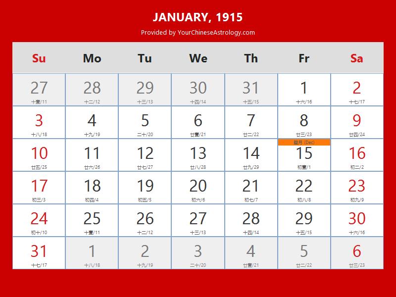 Chinese Calendar 1915, Year of The Rabbit, 1915 Lunar Calendar