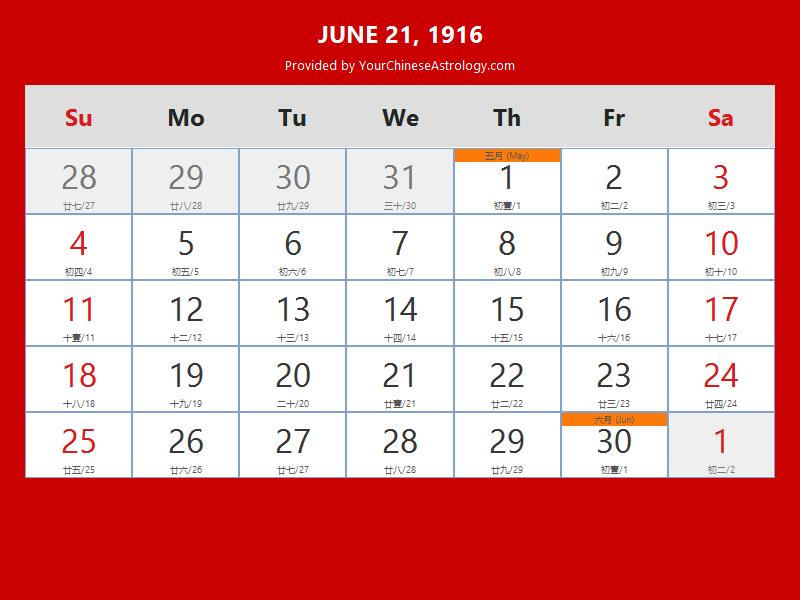 Chinese Calendar Jun 21, 1916: Auspicious Things to Do and Hours, Bazi