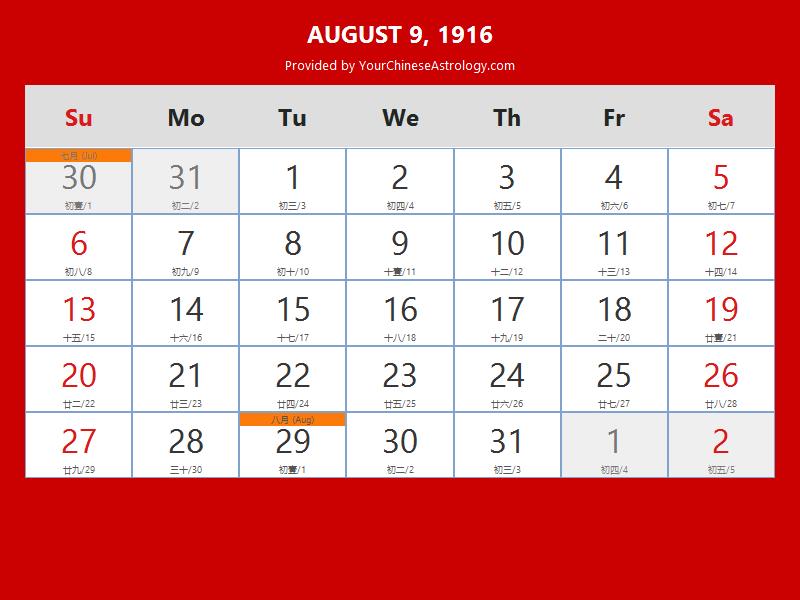 Chinese Calendar Aug 09, 1916: Auspicious Things to Do and Hours, Bazi