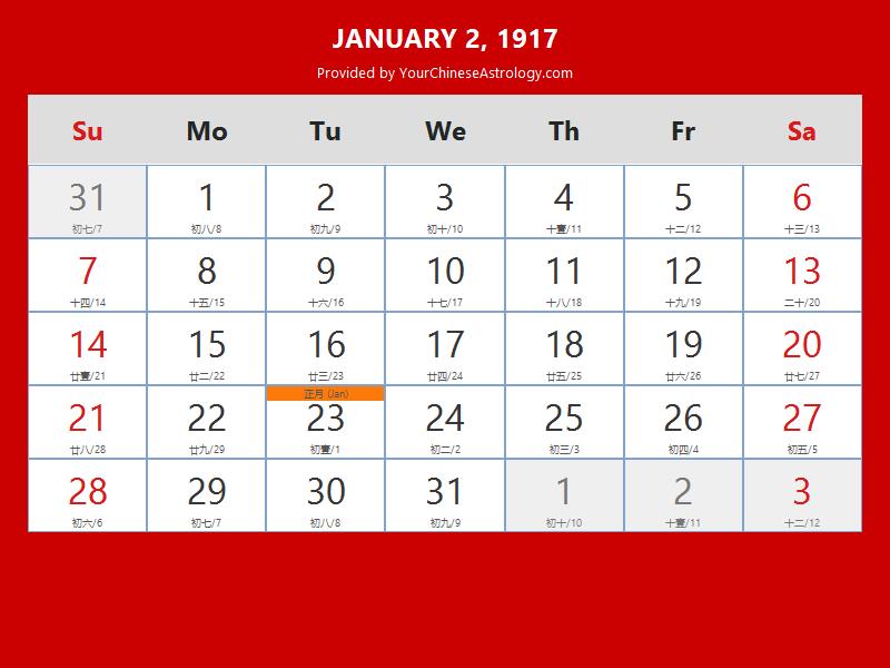 Chinese Calendar Jan 02, 1917: Auspicious Things to Do and Hours, Bazi