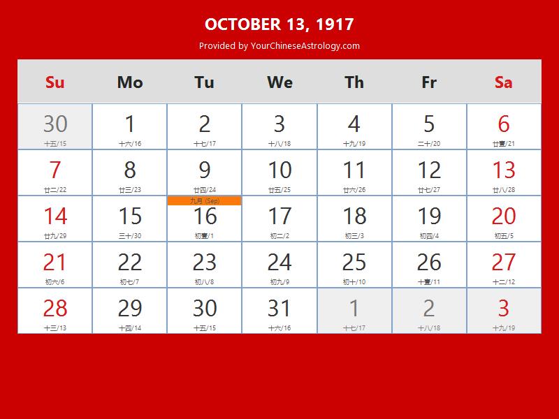 Chinese Calendar Oct 13, 1917: Auspicious Things to Do and Hours, Bazi