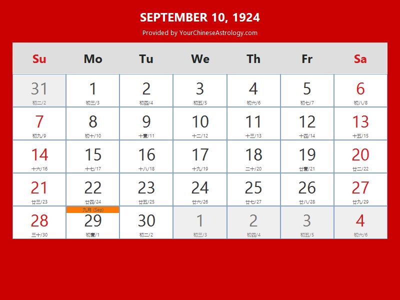 Chinese Calendar Sep 10, 1924: Auspicious Things to Do and Hours, Bazi