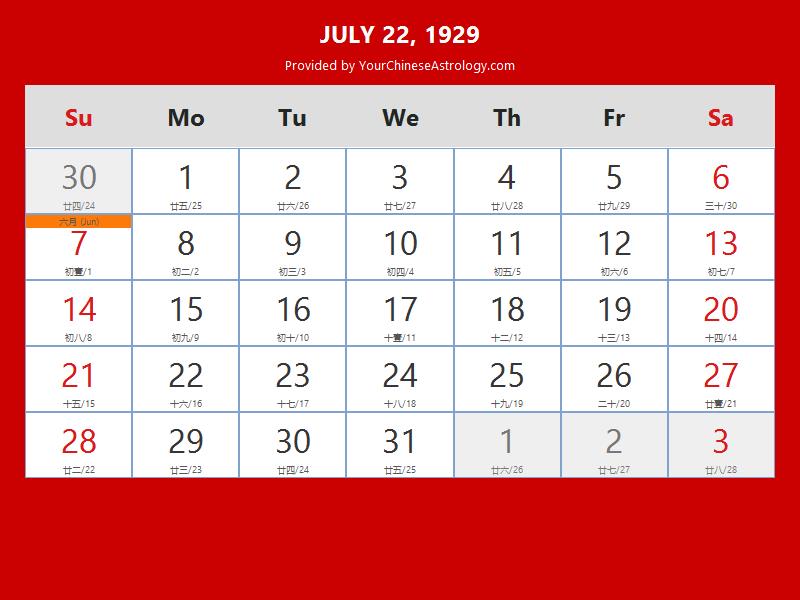 Chinese Calendar Jul 22, 1929: Auspicious Things to Do and Hours, Bazi