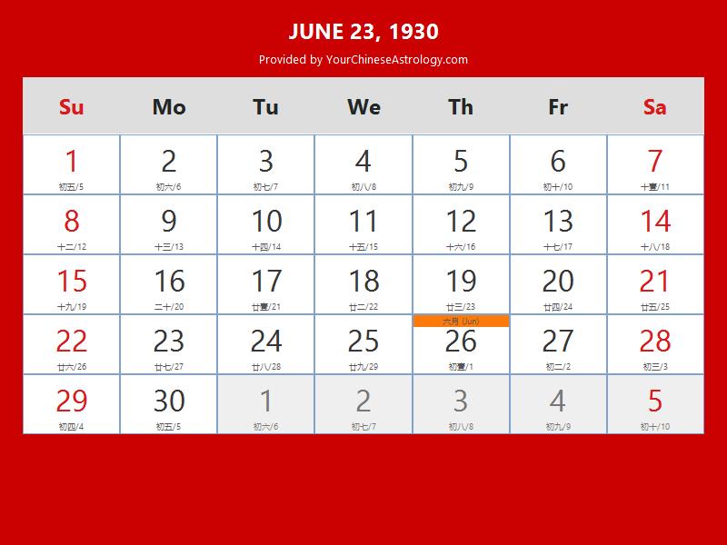 Chinese Calendar Jun 23, 1930: Auspicious Things to Do and Hours, Bazi