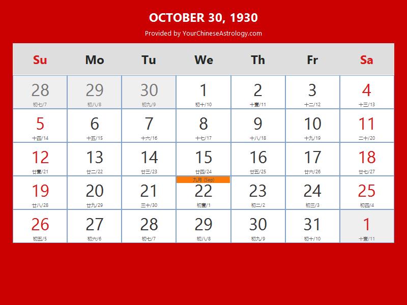 Chinese Calendar Oct 30, 1930: Auspicious Things to Do and Hours, Bazi