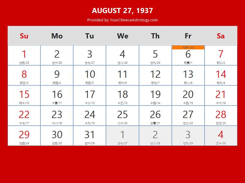 Chinese Calendar Aug 27, 1937: Auspicious Things to Do and Hours, Bazi