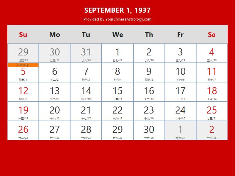 Chinese Calendar Sep 01, 1937: Auspicious Things to Do and Hours, Bazi