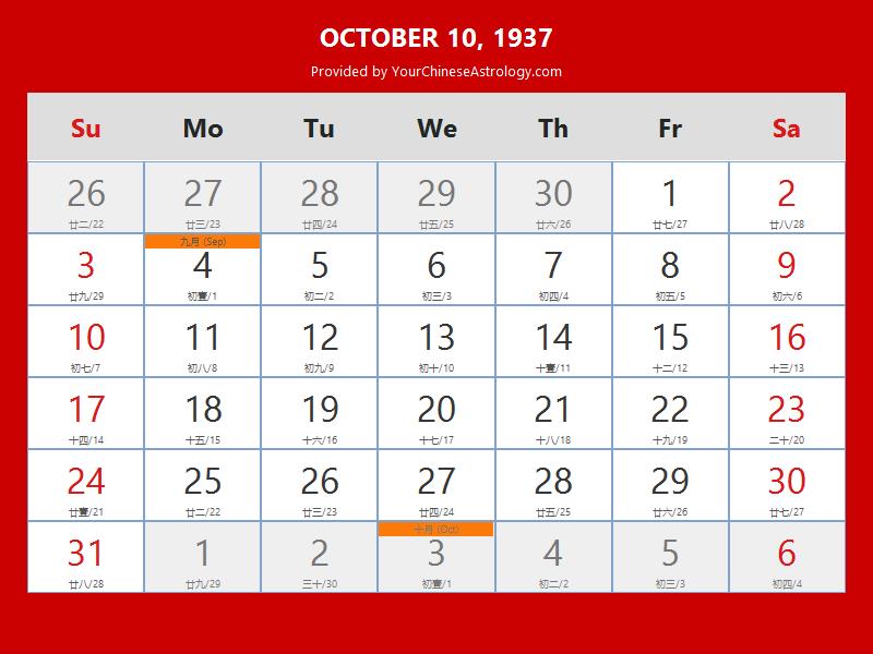 Chinese Calendar Oct 10, 1937: Auspicious Things to Do and Hours, Bazi