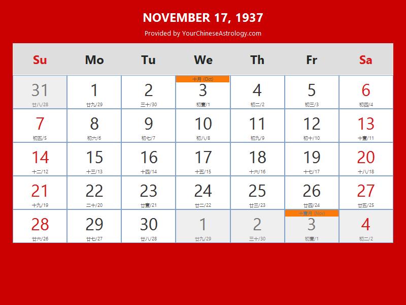 Chinese Calendar Nov 17, 1937: Auspicious Things to Do and Hours, Bazi