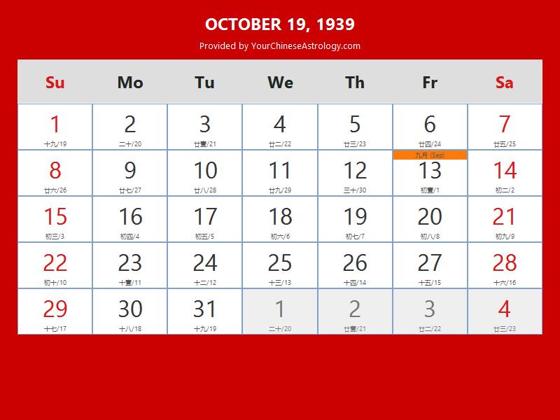 Chinese Calendar Oct 19, 1939: Auspicious Things to Do and Hours, Bazi