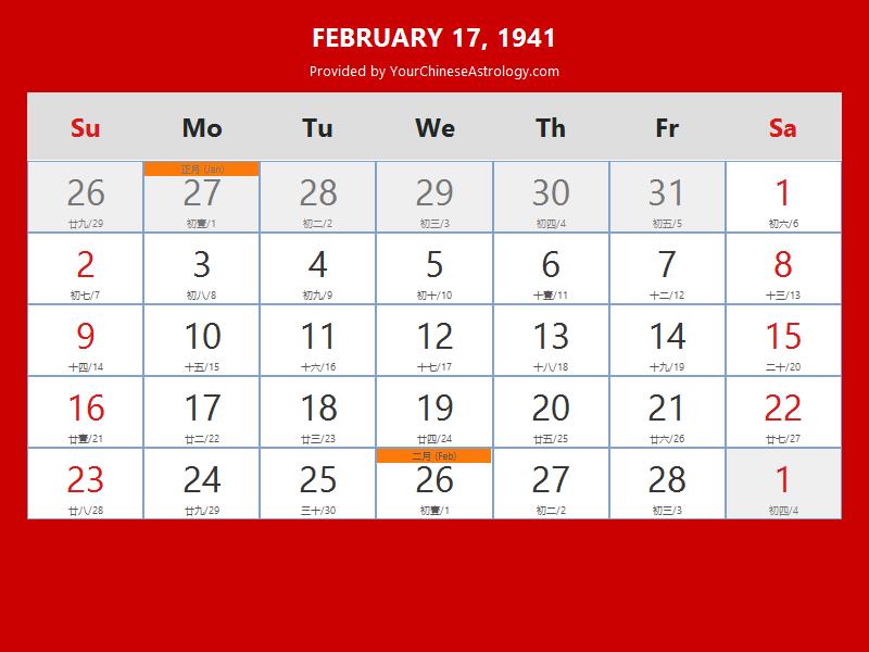 Chinese Calendar Feb 17, 1941: Auspicious Things to Do and Hours, Bazi