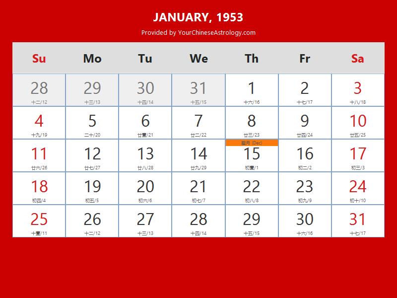 Chinese Calendar 1953, Year of The Snake, 1953 Lunar Calendar