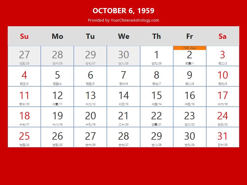 Chinese Calendar Oct 06, 1959: Auspicious Things to Do and Hours, Bazi