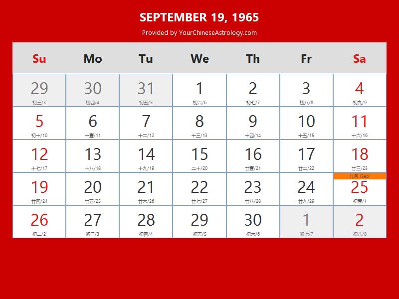 Chinese Calendar Sep 19, 1965: Auspicious Things to Do and Hours, Bazi