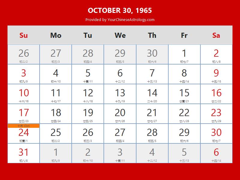 Chinese Calendar Oct 30, 1965: Auspicious Things to Do and Hours, Bazi