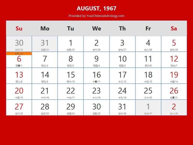 Chinese Calendar August 1967: Lunar Dates, Auspicious Dates and Times