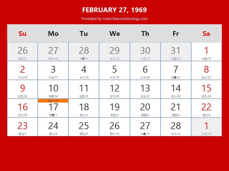 Chinese Calendar Feb 27, 1969: Auspicious Things to Do and Hours, Bazi