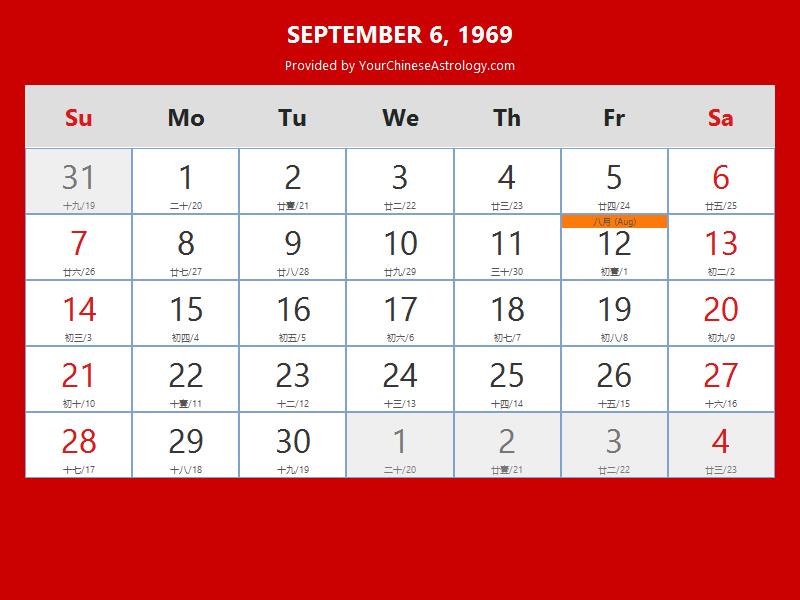 Chinese Calendar Sep 06, 1969: Auspicious Things to Do and Hours, Bazi