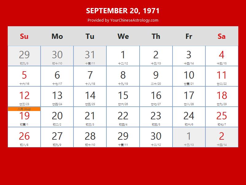 Chinese Calendar Sep 20, 1971: Auspicious Things to Do and Hours, Bazi