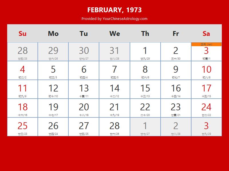 Chinese Calendar February 1973: Lunar Dates, Auspicious Dates and Times