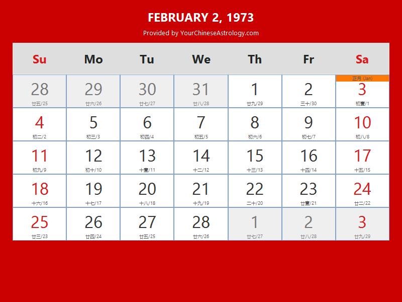 Chinese Calendar Feb 02, 1973: Auspicious Things to Do and Hours, Bazi