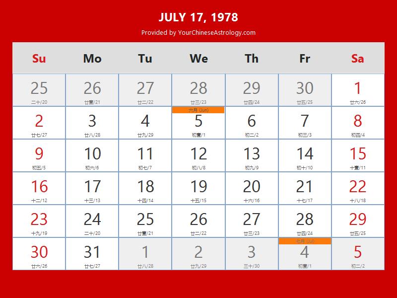 Chinese Calendar Jul 17, 1978: Auspicious Things to Do and Hours, Bazi
