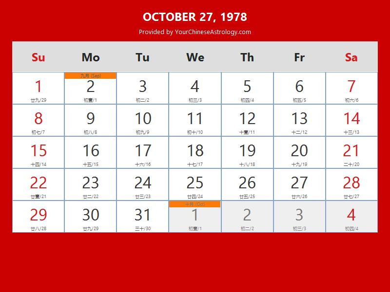 Chinese Calendar Oct 27, 1978: Auspicious Things to Do and Hours, Bazi