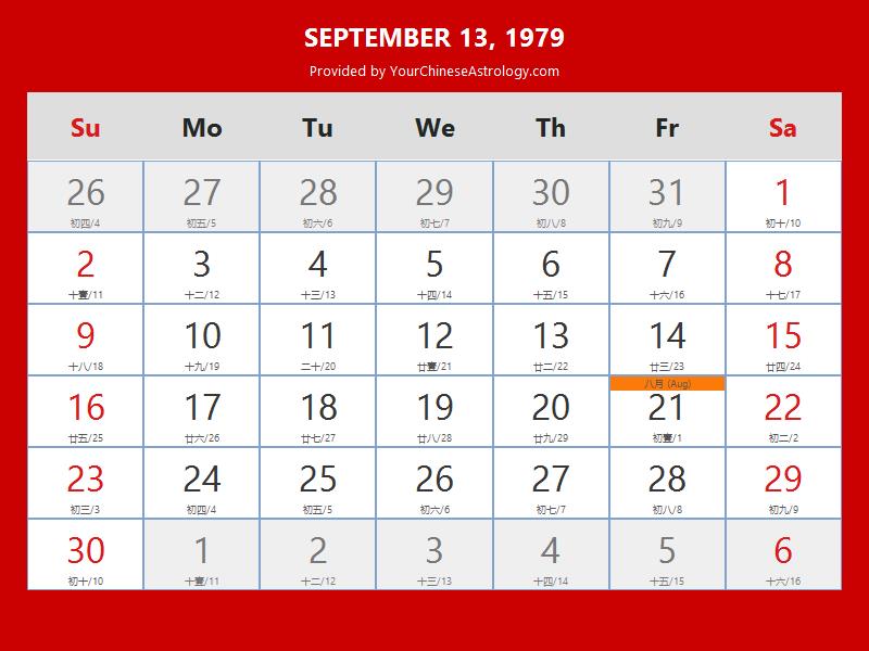 Chinese Calendar Sep 13, 1979: Auspicious Things to Do and Hours, Bazi