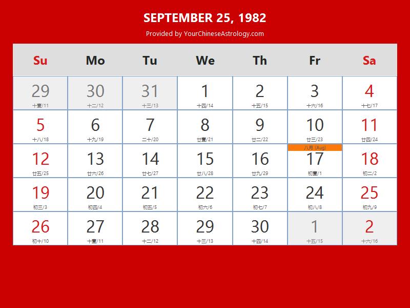 Chinese Calendar Sep 25, 1982: Auspicious Things to Do and Hours, Bazi