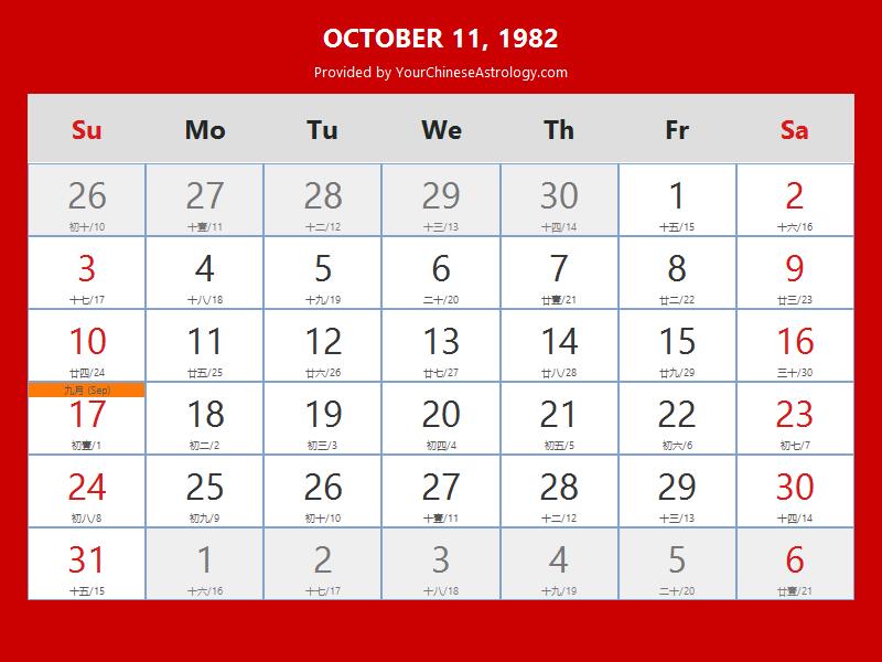 Chinese Calendar Oct 11, 1982: Auspicious Things to Do and Hours, Bazi