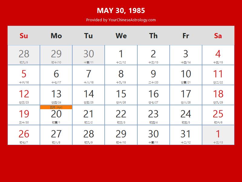 Chinese Calendar May 30, 1985: Auspicious Things to Do and Hours, Bazi