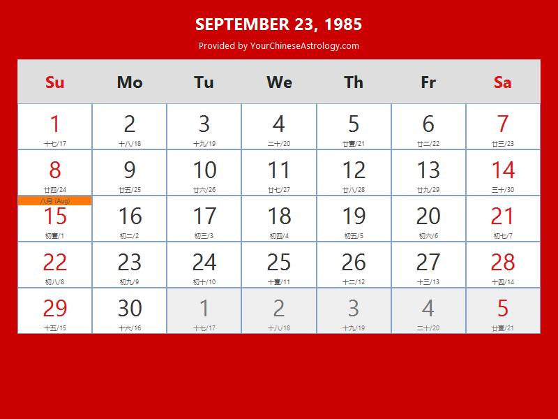 Chinese Calendar Sep 23, 1985: Auspicious Things to Do and Hours, Bazi