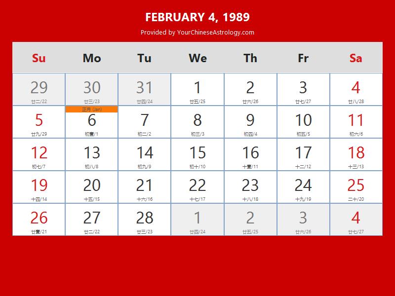 Chinese Calendar Feb 04, 1989: Auspicious Things to Do and Hours, Bazi