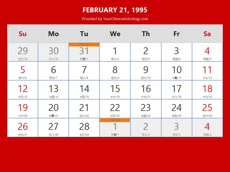 Chinese Calendar Feb 21, 1995: Auspicious Things to Do and Hours, Bazi