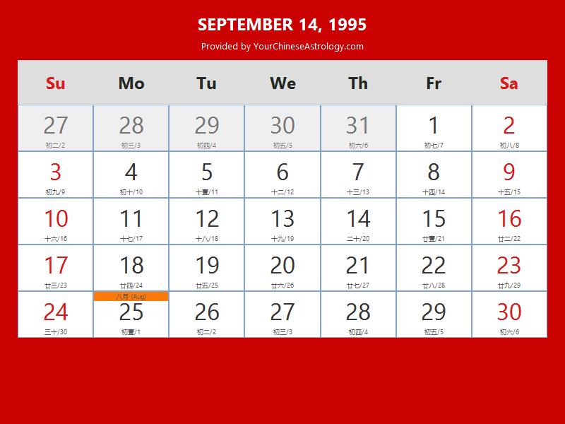 Chinese Calendar Sep 14, 1995: Auspicious Things to Do and Hours, Bazi