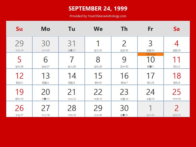 Chinese Calendar Sep 24, 1999: Auspicious Things to Do and Hours, Bazi