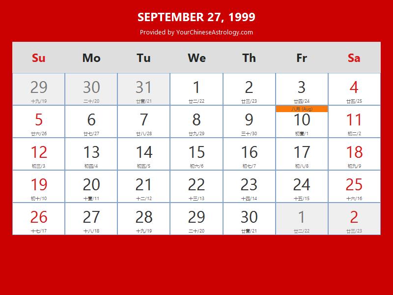 Chinese Calendar Sep 27, 1999: Auspicious Things to Do and Hours, Bazi