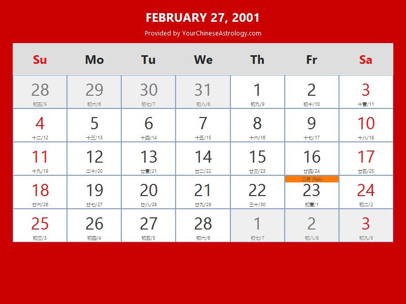 Chinese Calendar Feb 27, 2001: Auspicious Things to Do and Hours, Bazi
