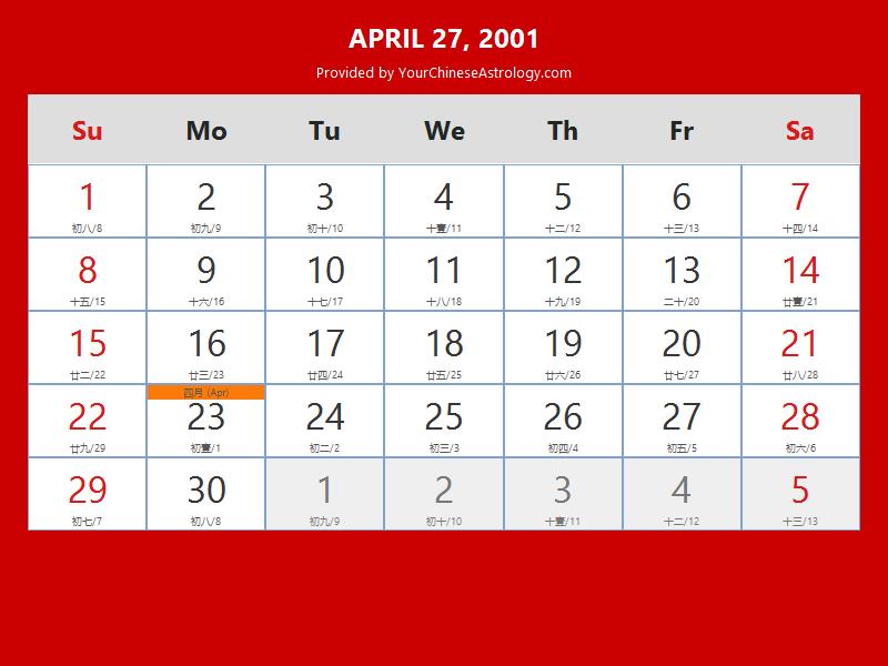 Chinese Calendar Apr 27, 2001: Auspicious Things to Do and Hours, Bazi