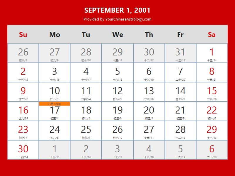 Chinese Calendar Sep 01, 2001: Auspicious Things to Do and Hours, Bazi