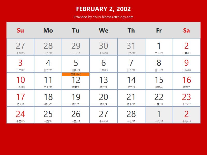 Chinese Calendar Feb 02, 2002: Auspicious Things to Do and Hours, Bazi