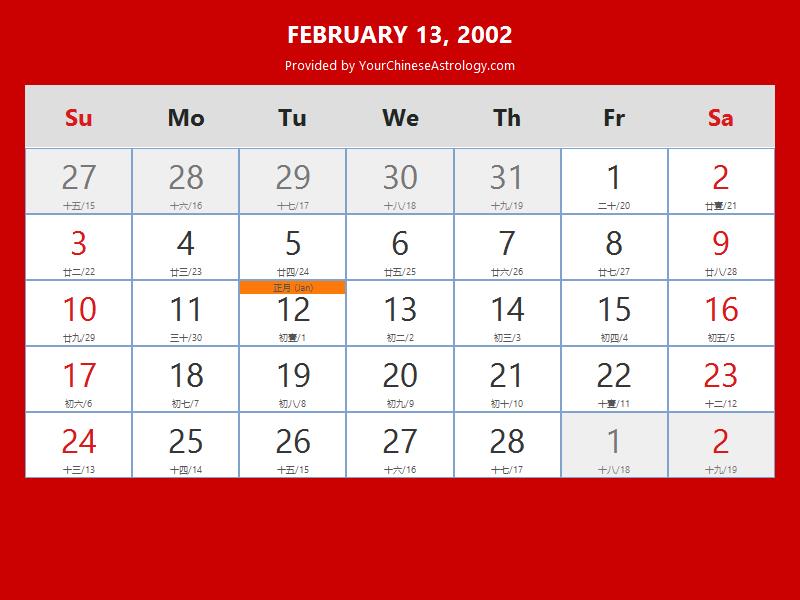 Chinese Calendar Feb 13, 2002: Auspicious Things to Do and Hours, Bazi