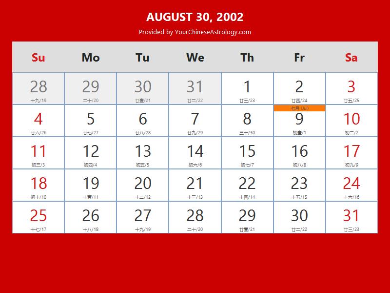 Chinese Calendar Aug 30, 2002: Auspicious Things to Do and Hours, Bazi