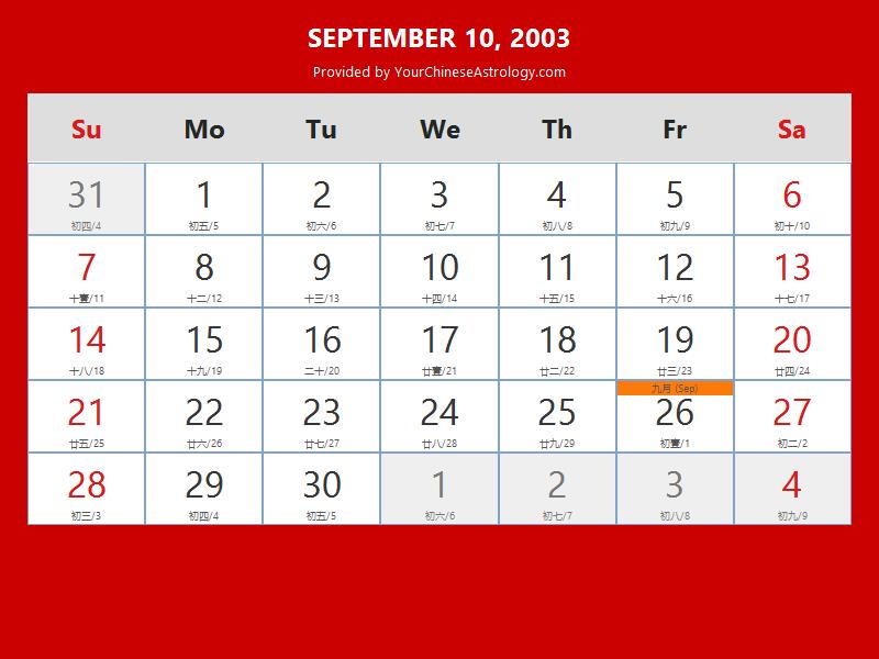 Chinese Calendar Sep 10, 2003: Auspicious Things to Do and Hours, Bazi